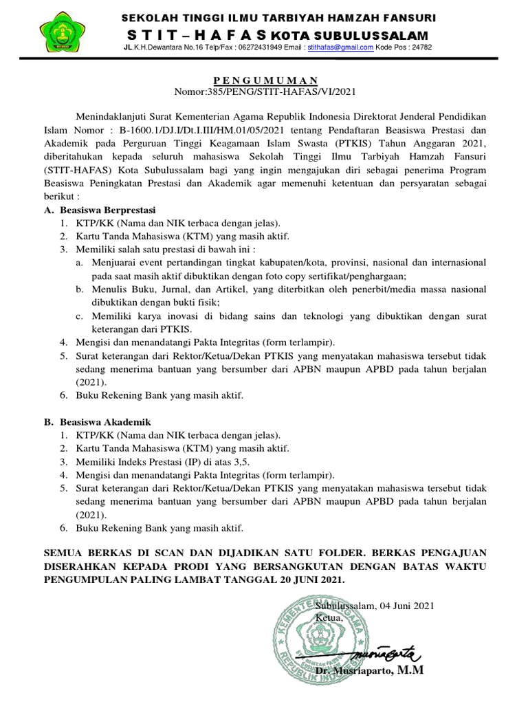 Pendaftaran Beasiswa STIT-HAFAS 2021 | PDF | Bisnis