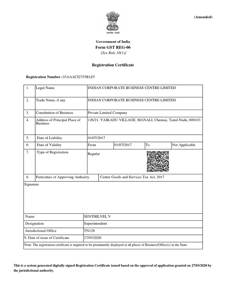 Icbc GST Registration | PDF | Tamil Nadu | Business