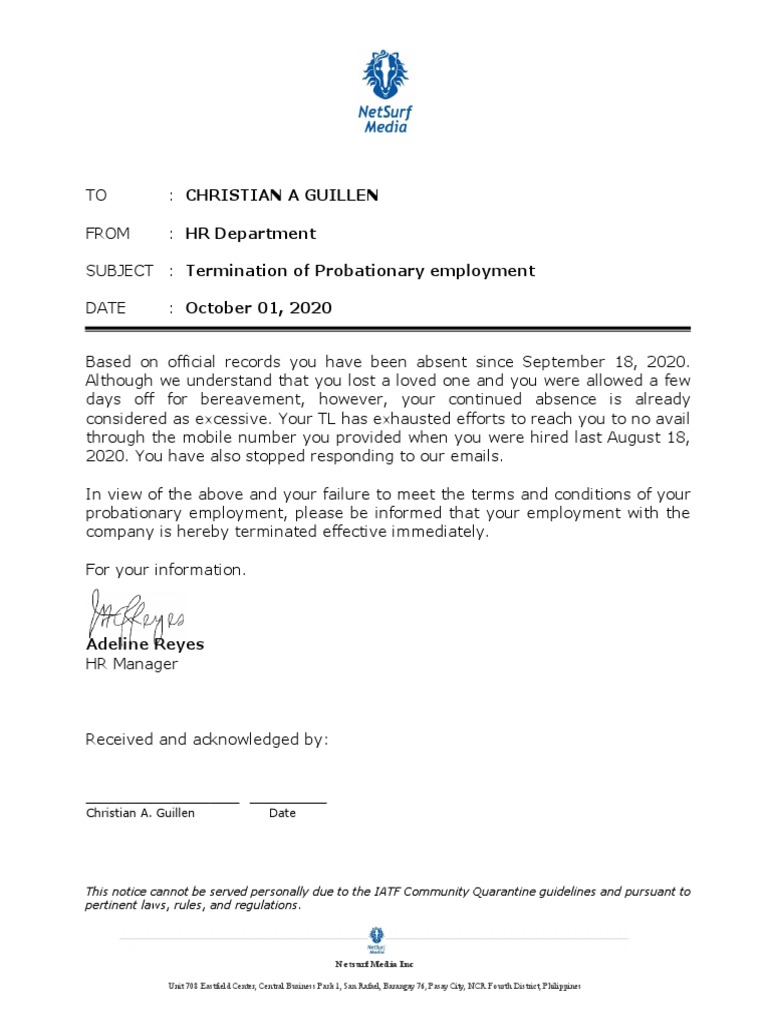 Termination of Probationary Employment - CGuillen | PDF