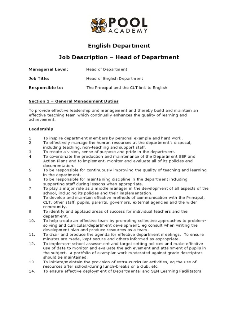English Department Job Description - Head of Department: Managerial ...