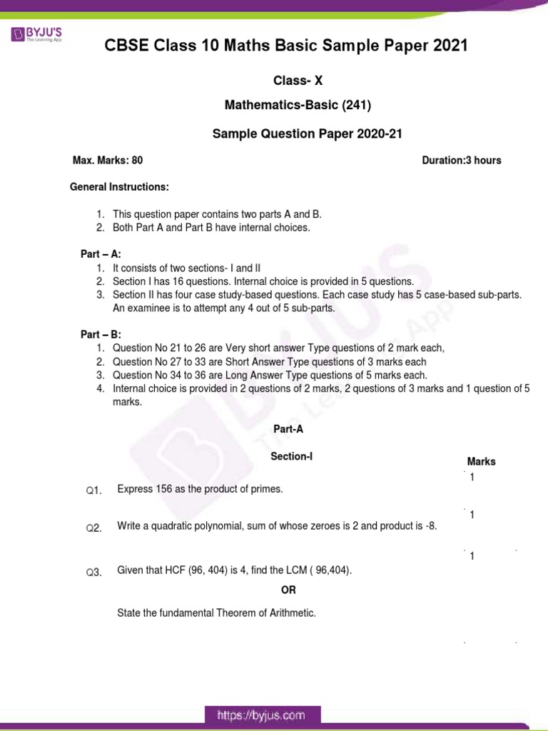 CBSE Class 10 Maths Basic Sample Paper 2021 Set 1 | PDF | Triangle | Area