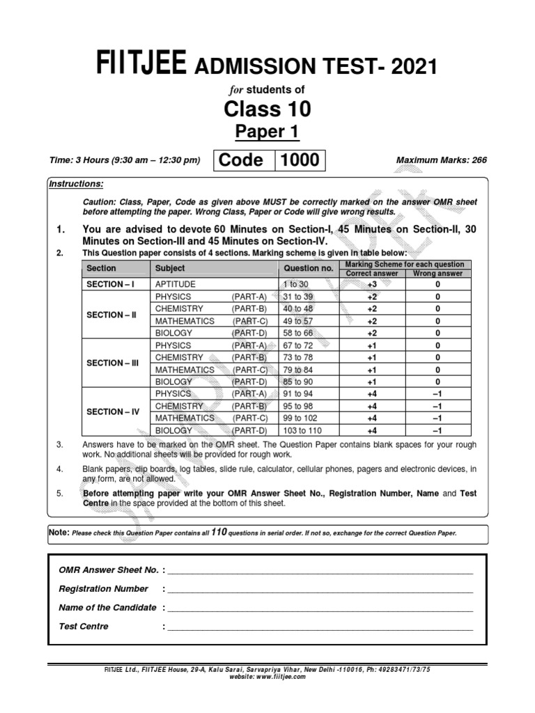 FIITJEE Class 10 Admission Test 2021 | PDF | Mixture | Tissue (Biology)