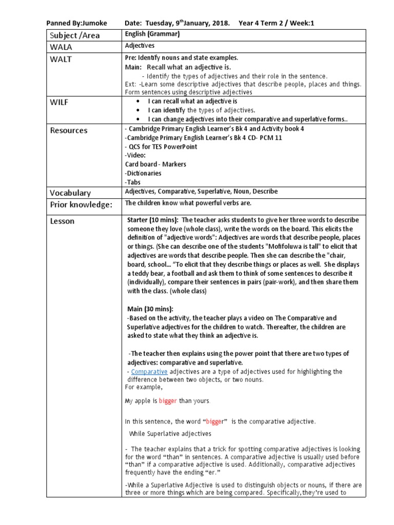 Year 4 Term 2 Week 1 Grammar Plan | PDF | Adjective | English Language