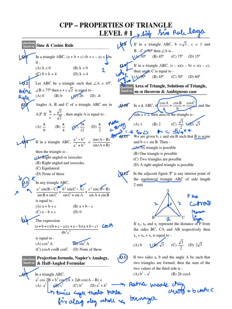Triangle Properties and Formulas Quiz | PDF | Triangle | Trigonometric ...