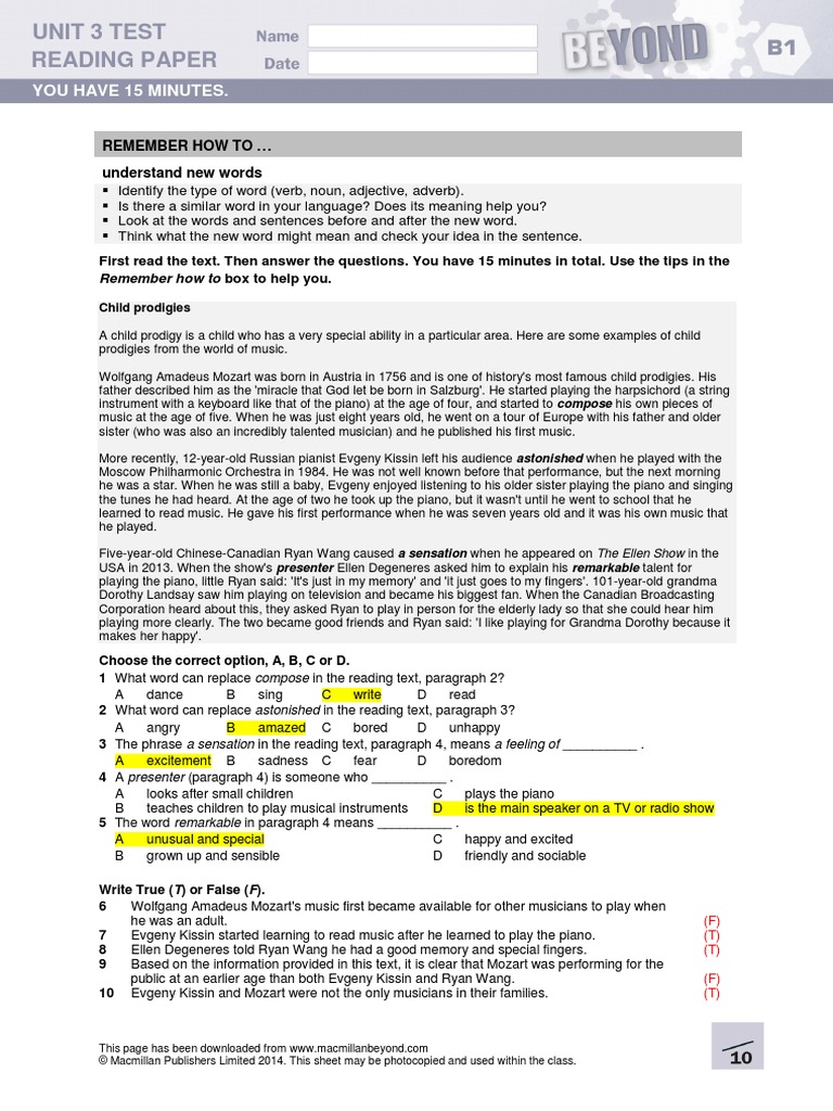 Unit 3 Test Reading Paper: You Have 15 Minutes | PDF | Piano ...
