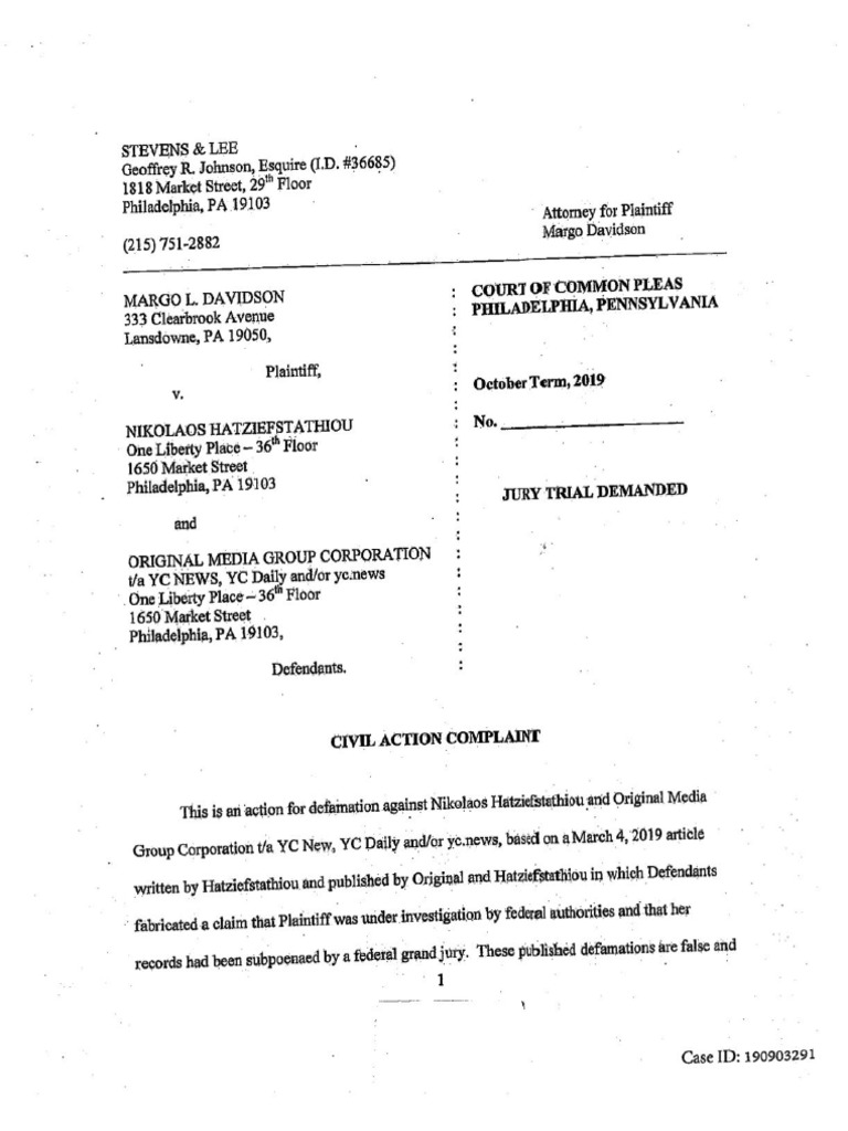 Pennsylvania State Representative Margo Davidson v. Nik Hatziefstathiou ...