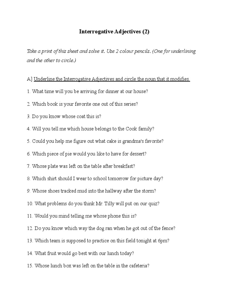 Interrogative Adjectives Practice Worksheet | PDF | Games & Activities ...