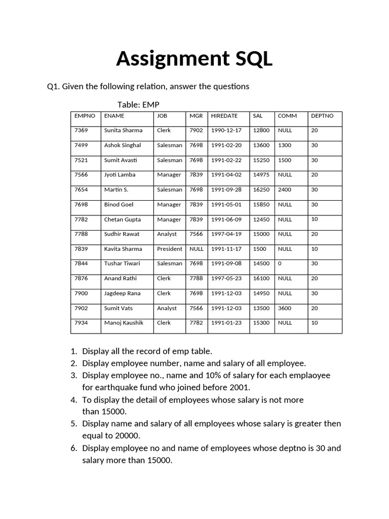 Solutions to SQL Queries on the EMP Table to Retrieve, Filter, and ...