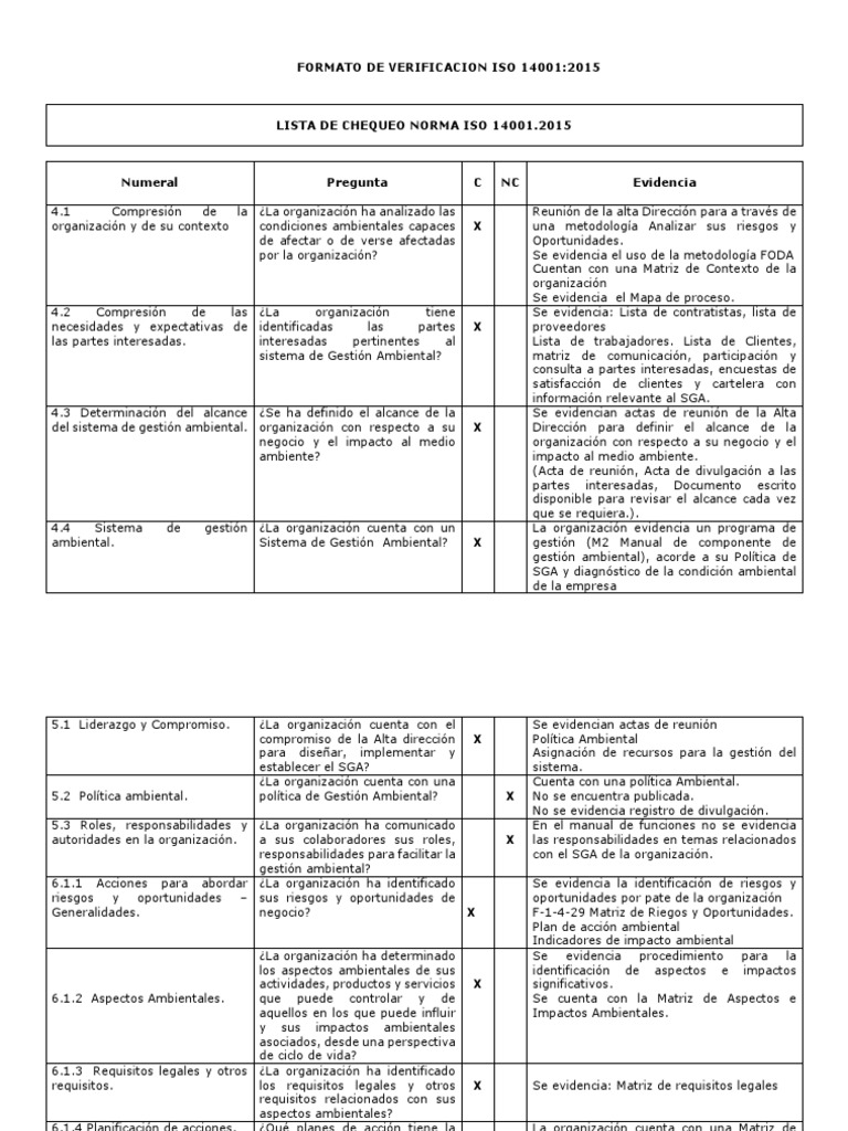 Formato Verificacion Iso 14001 Analizado | PDF | Auditoría | Planificación