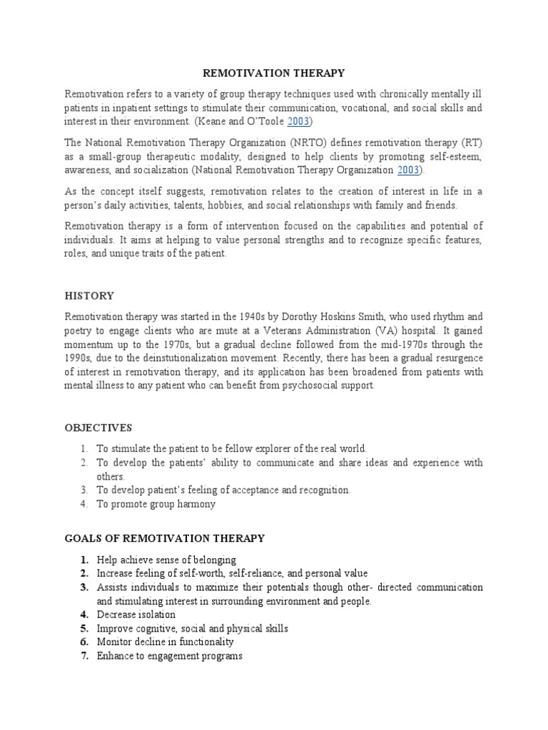 Remotivation Therapy Module | PDF | Self Esteem | Psychiatry Related Fields