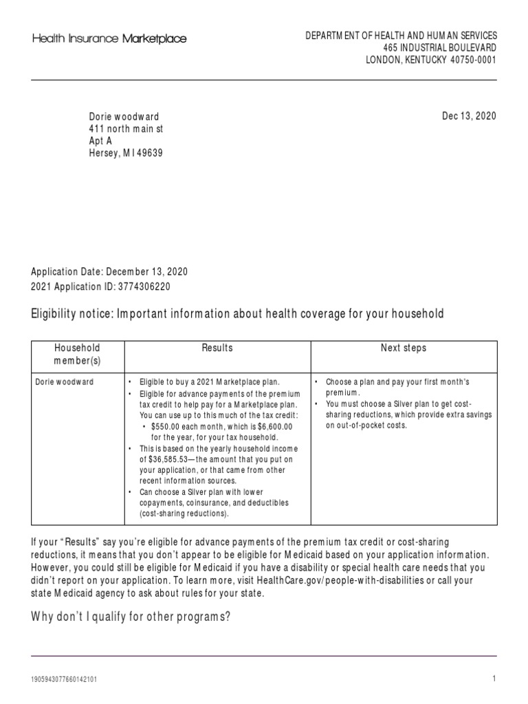 Eligibility Results Notice | PDF | Health Insurance Marketplace | Medicaid