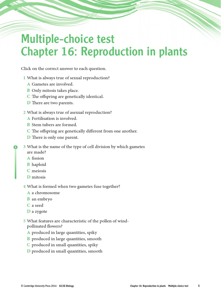 Multiple-Choice Test Chapter 16: Reproduction in Plants: 1 A B C D 2 A ...