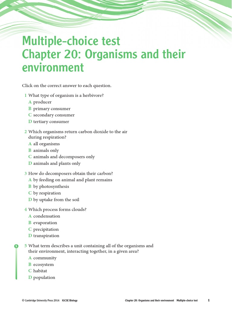 Multiple-Choice Test Chapter 20: Organisms and Their Environment | PDF ...