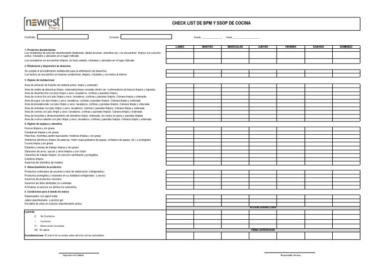 Check List BPM y SSOP de Cocina | PDF | Cocina | Cocinando