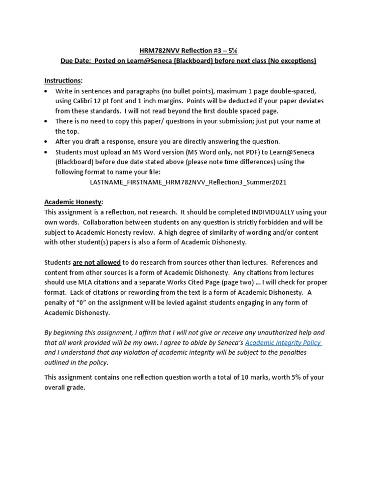 HRM782NVV Reflection #3 - 5% Due Date: Posted On Learn@Seneca ...