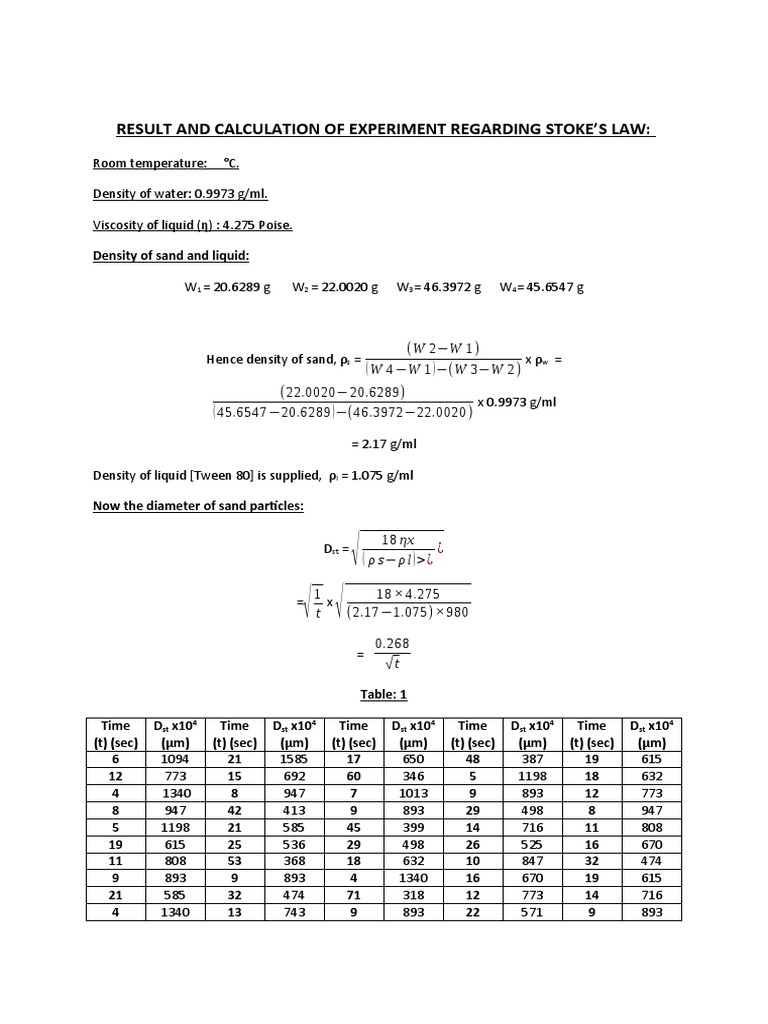 Result and Calculation of Experiment Regarding Stoke'S Law:: W2 W1) W 4 ...