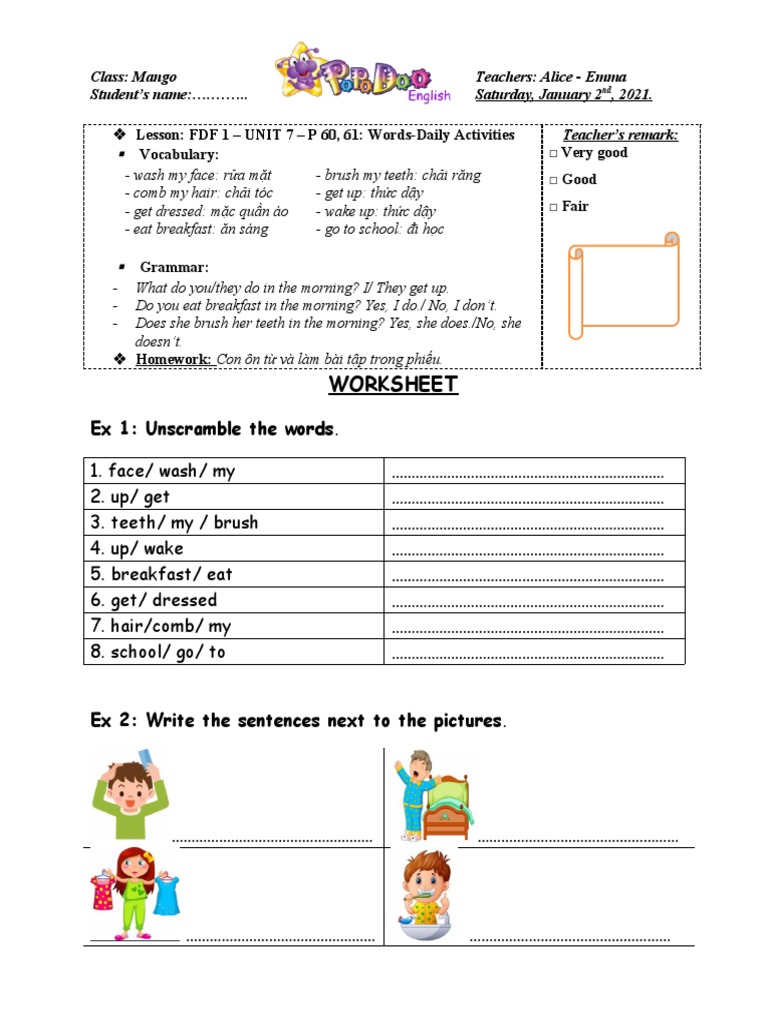 Worksheet: Lesson: FDF 1 - UNIT 7 - P 60, 61: Words-Daily Activities ...