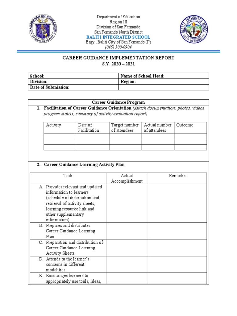 Annex C: School Career Guidance Implementation Report | PDF | Learning ... Annex C: School Career Guidance Implementation Report | PDF | Learning ...