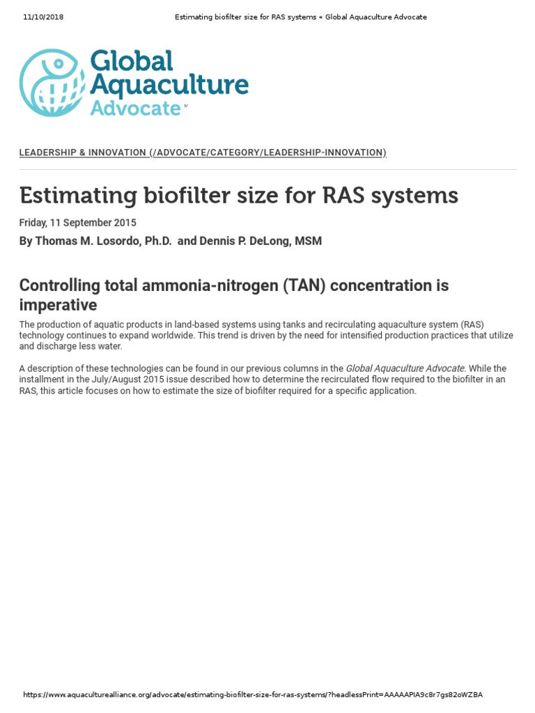 Estimating Biofilter Size For Ras Systems | PDF | Aquaculture | Water