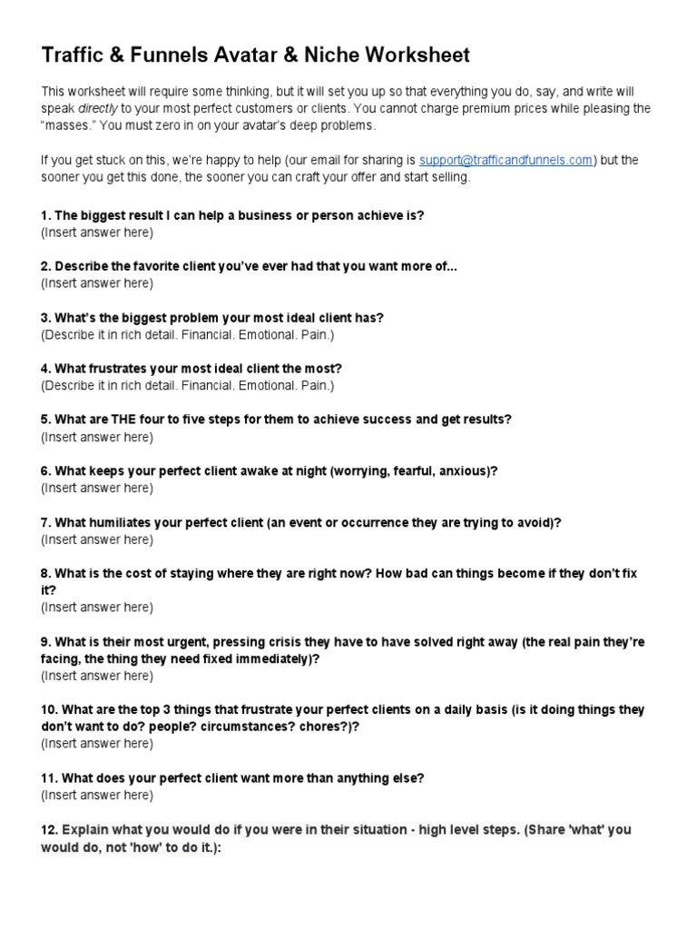 Traffic & Funnels Avatar & Niche Worksheet | PDF