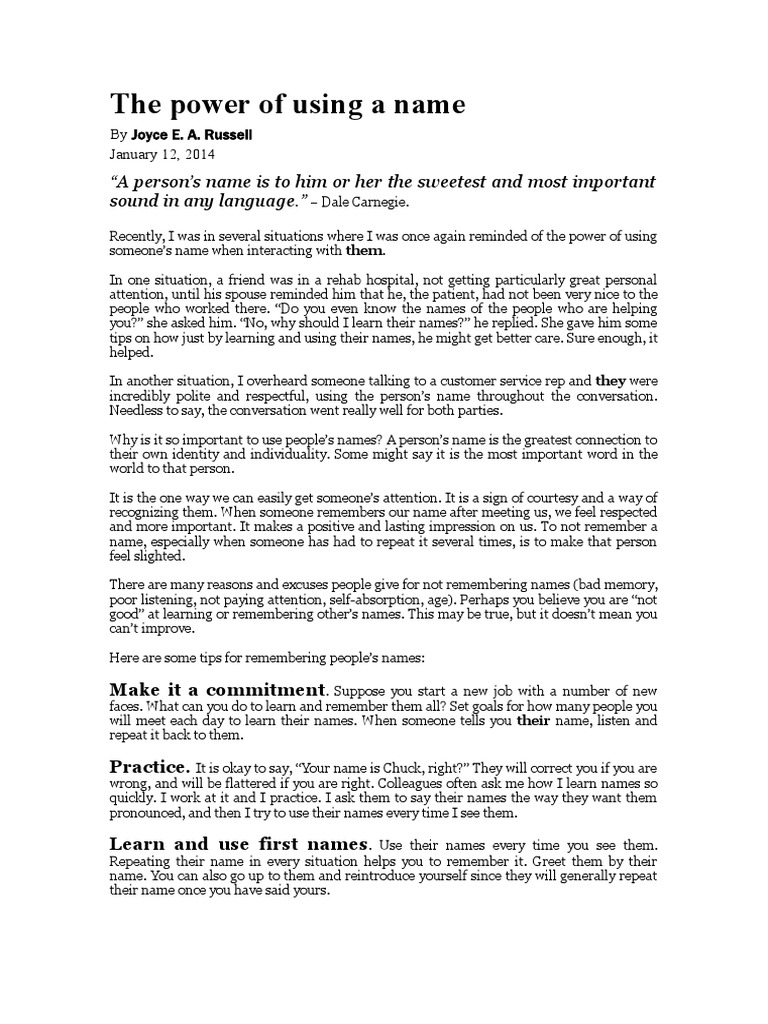 The Power of Using A Name - Article | PDF | Cognition | Science