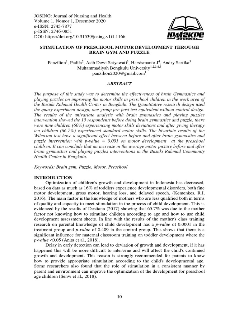 Stimulation of Preschool Motor Development Through Brain Gym Exercises ...