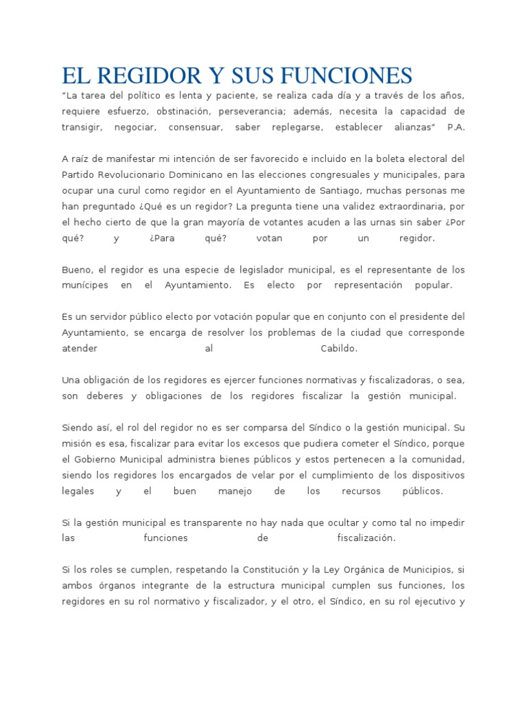 Funciones y Rol del Regidor Municipal | PDF | Alcalde | Gobierno local