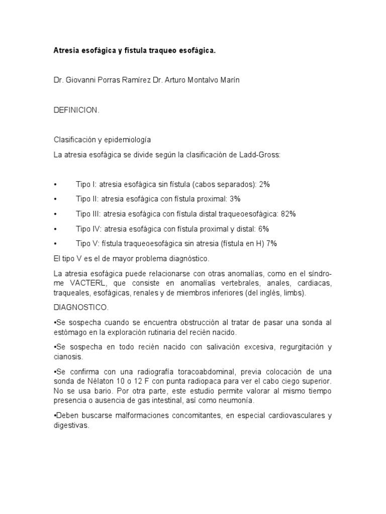 Atresia Esofágica y Fístula Traqueo Esofágica | PDF | Procedimiento ...