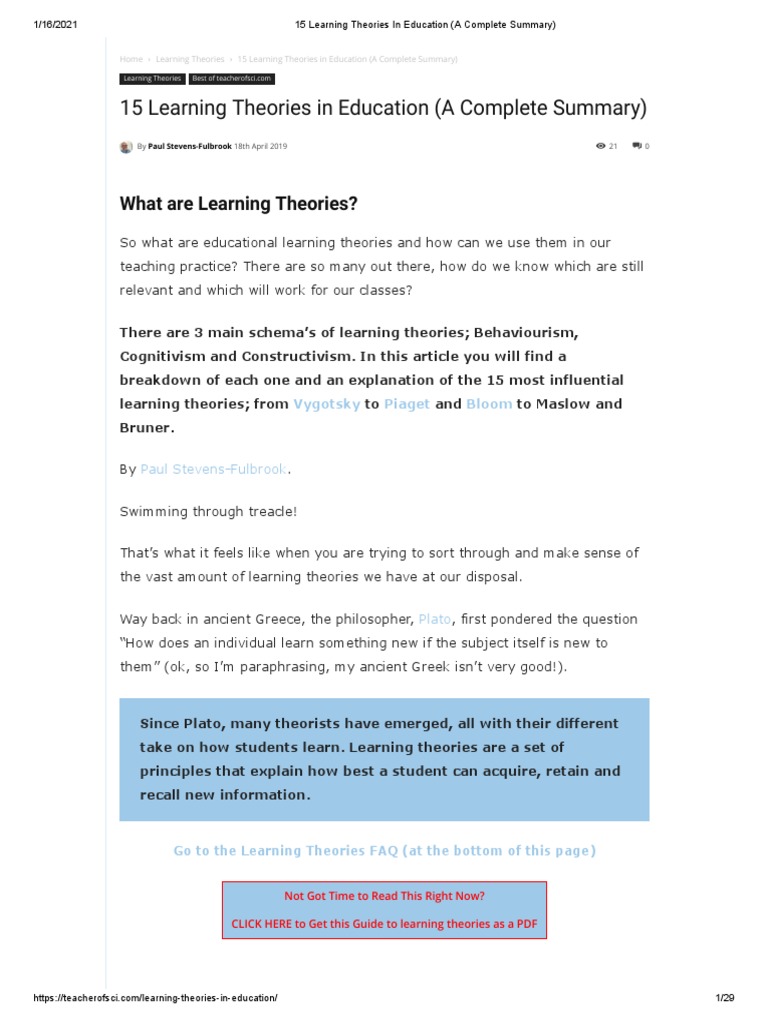 15 Learning Theories in Education (A Complete Summary) | PDF ...