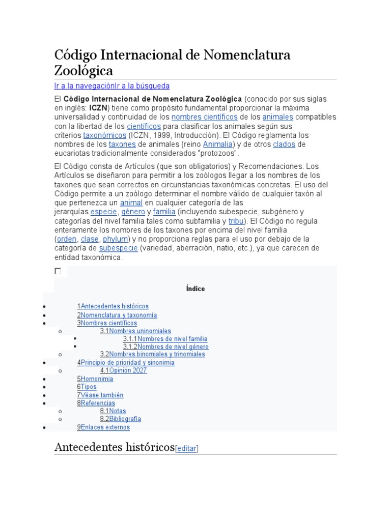 Código Internacional de Nomenclatura Zoológica | PDF | Taxa | Clasificación biológica