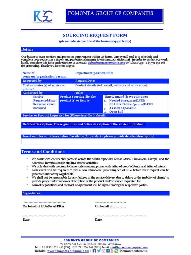 Fomonta Group of Companies: Sourcing Request Form | Download Free PDF ...