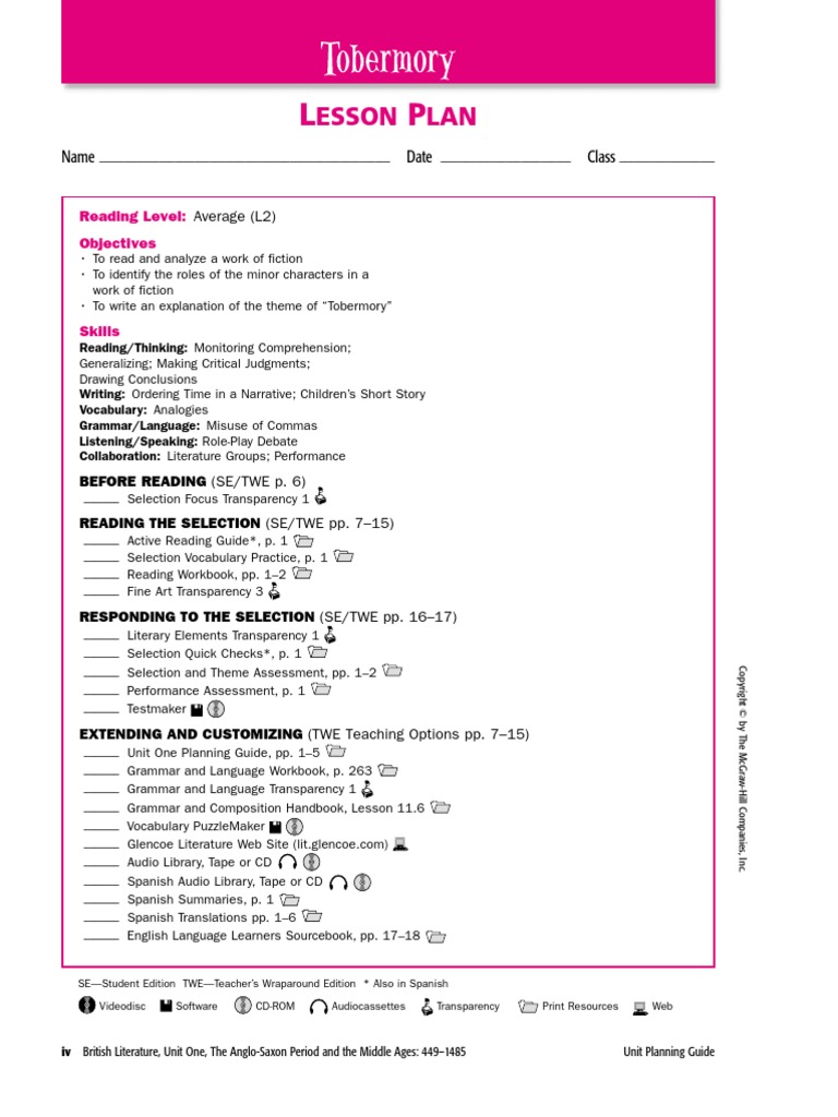 Glencoe Reader's Choice Unit 1 Lesson Plans | PDF | Lesson Plan ...