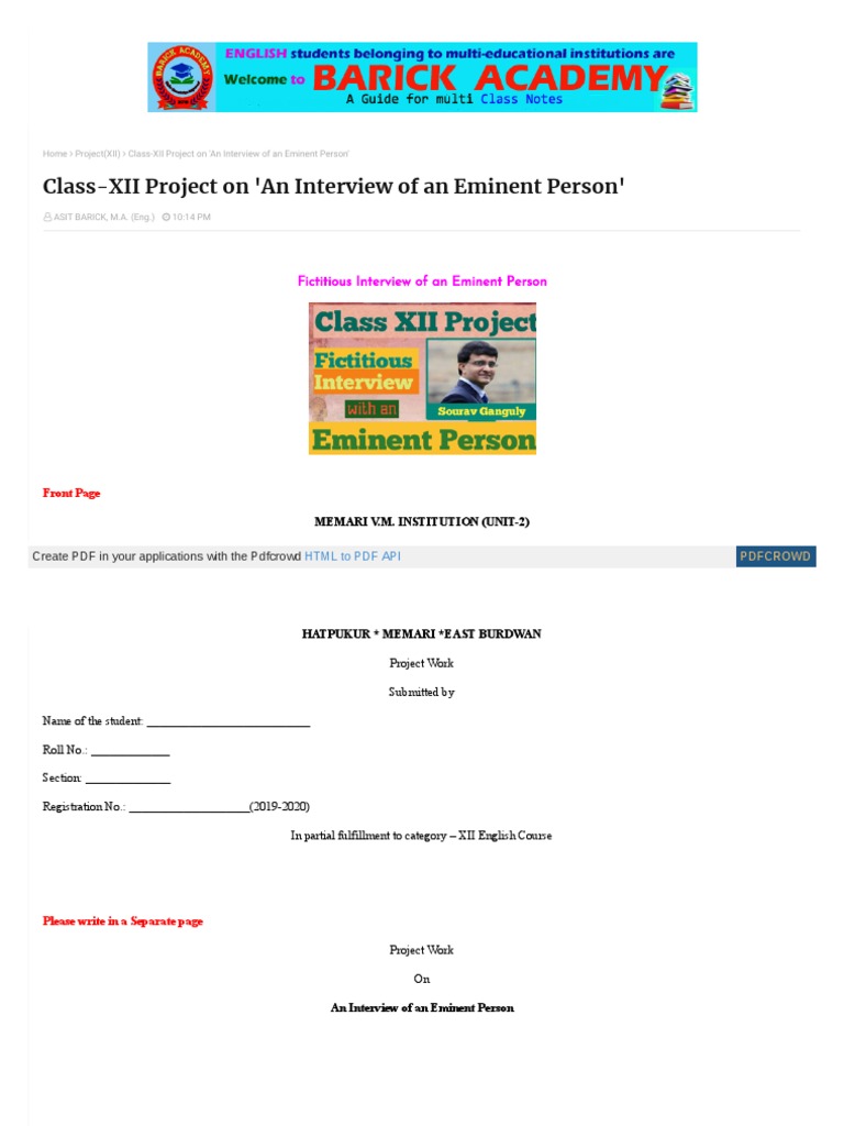 Class-XII Project On 'An Interview of An Eminent Person' | Download Free PDF | Bowling (Cricket ...