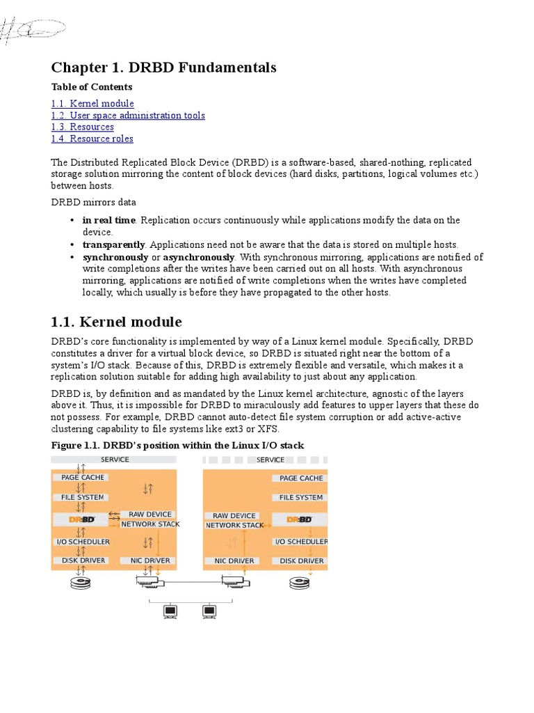 Chapter 1. DRBD Fundamentals: 1.1. Kernel Module 1.2. User Space Administration Tools 1.3 ...