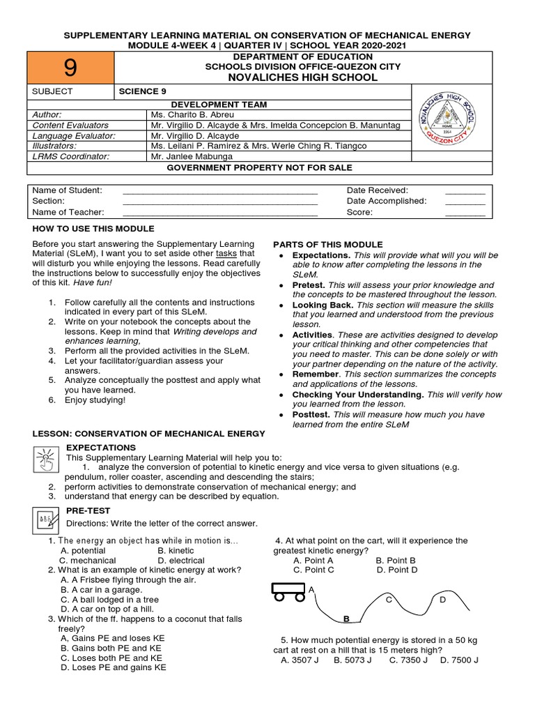Science 9 Q4 Week 4 | PDF | Kinetic Energy | Potential Energy