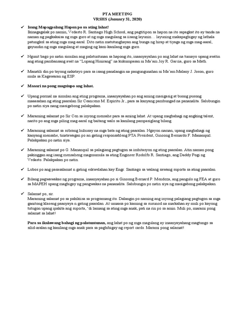 Pta Emcee's Script | PDF