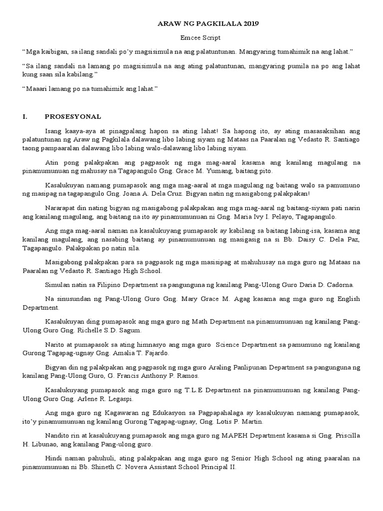 Emcee's Script ARAW NG PAGKILALA | PDF