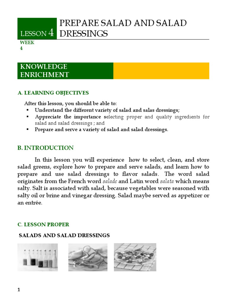 Cookery Lesson 4 Salad and Dressings | PDF | Salad | Foods