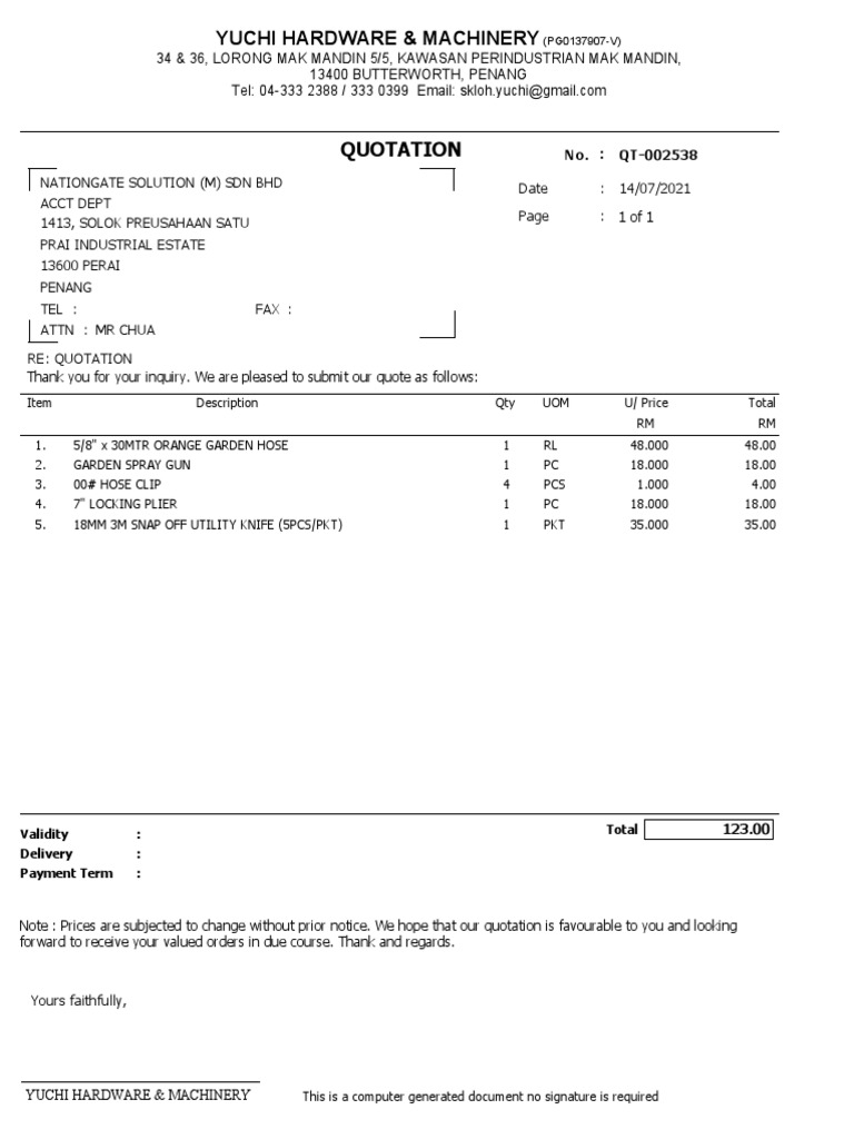 Quotation: Yuchi Hardware & Machinery | PDF