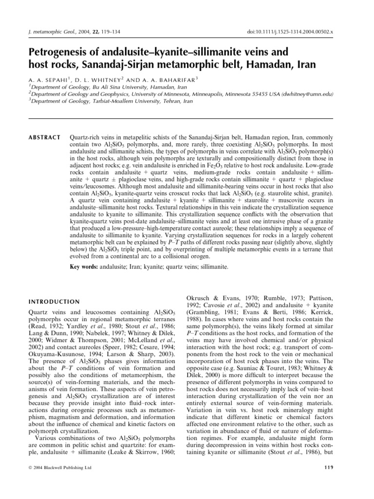Petrogenesis of Andalusite-Kyanite-Sillimanite Veins and Host Rocks ...