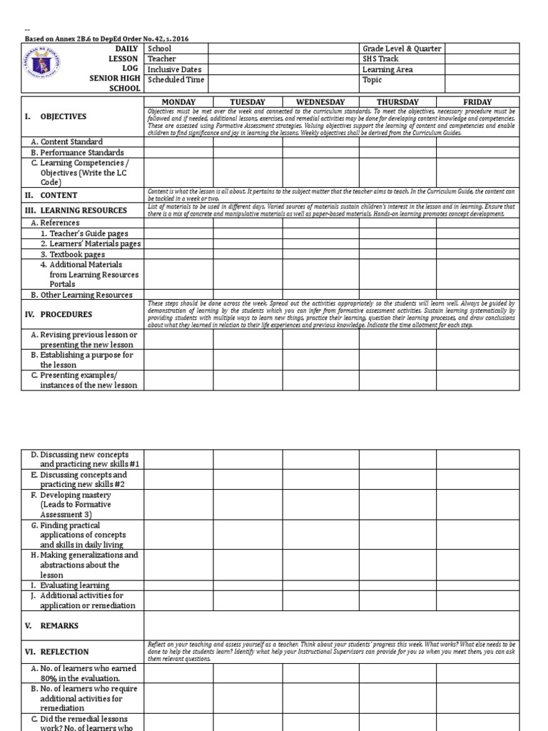 Daily Lesson LOG Senior High School Monday Tuesday Wednesday Thursday ...