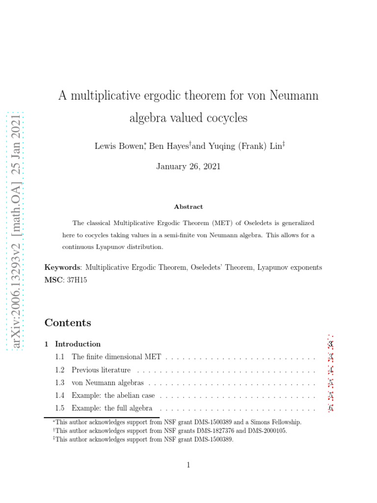 A Multiplicative Ergodic Theorem For Von Neumann Algebra Valued Cocycles | PDF | Operator ...