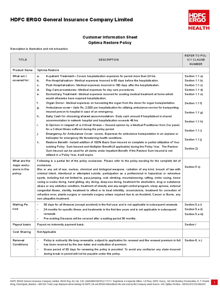 HDFC ERGO General Insurance Company Limited: Customer Information Sheet ...