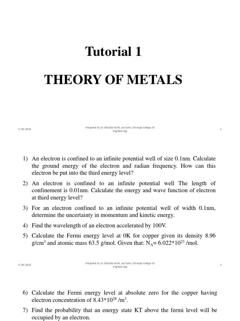 Tutorial 1 | PDF | Electron | Energy Level