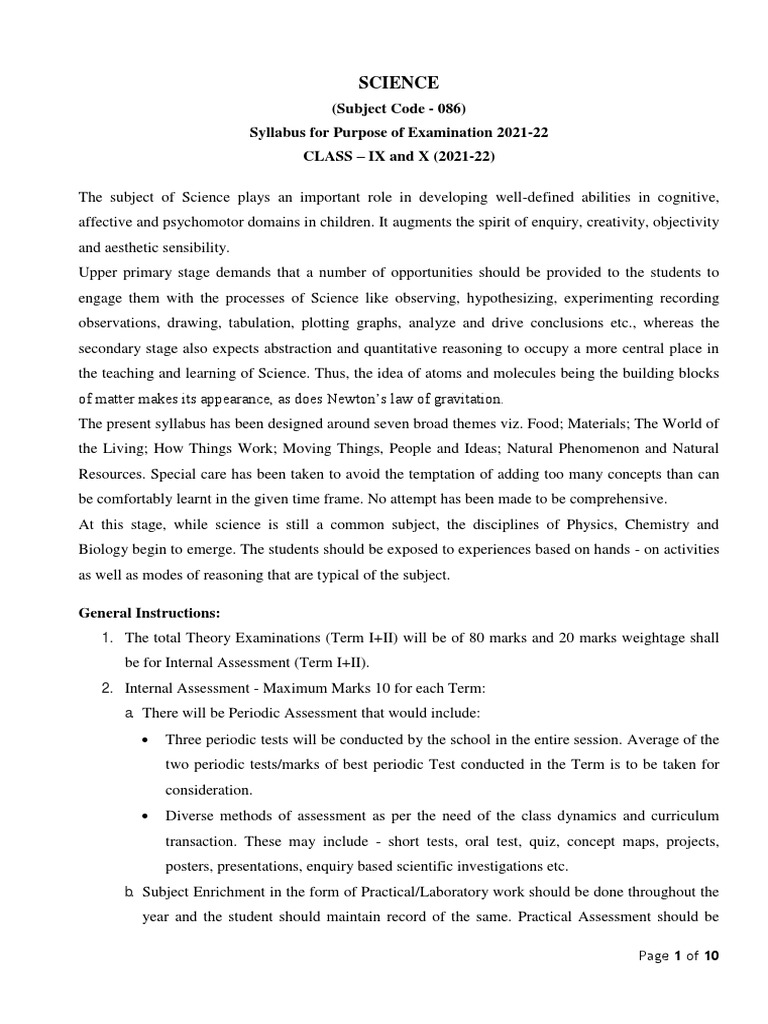 Science: (Subject Code - 086) Syllabus For Purpose of Examination 2021 ...