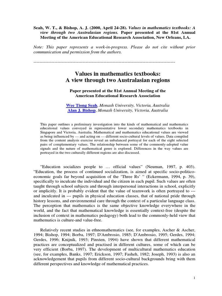 Values in Mathematics Textbooks | PDF | Value (Ethics) | Teaching ...