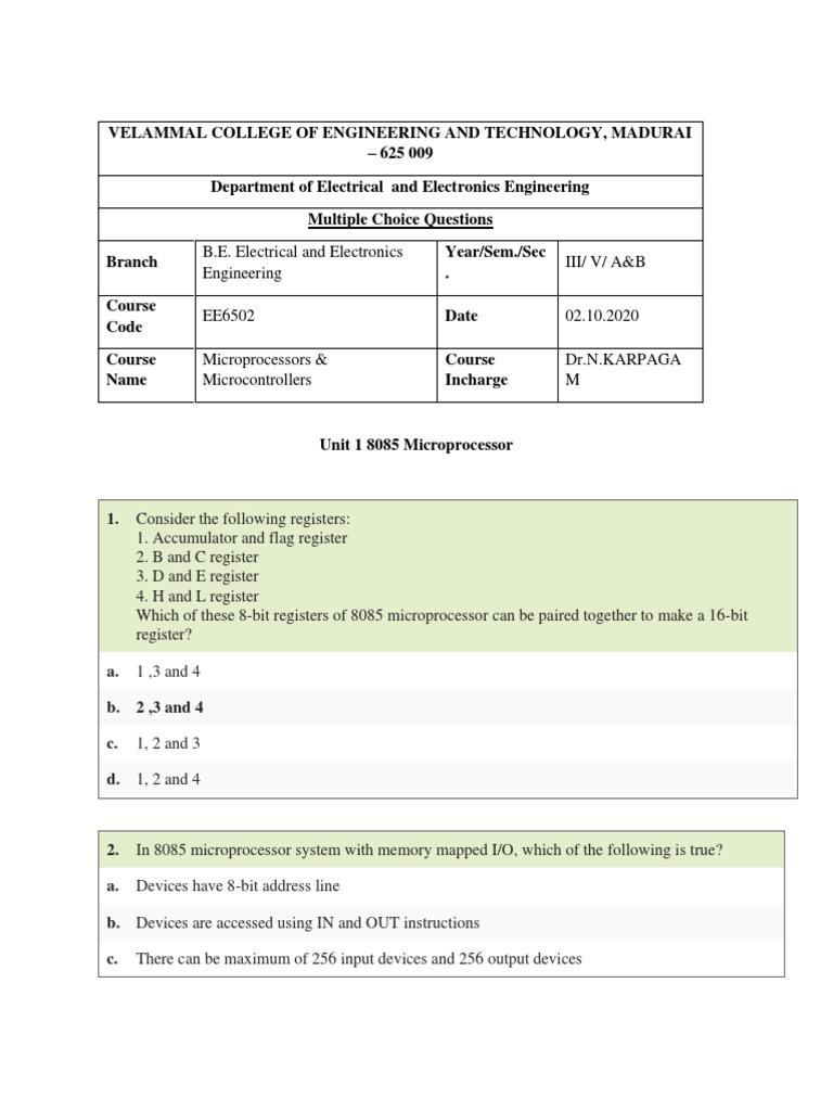 MCQ - 8085 Microprocessor - November 2020 With Answers | PDF | Computer Data | Computer Engineering