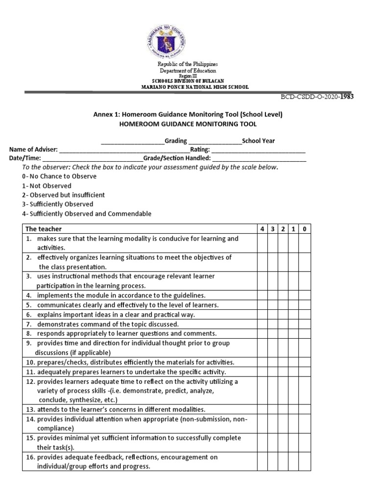 HG Monitoring Tool Observation Form For Adviser | PDF | Educational ...