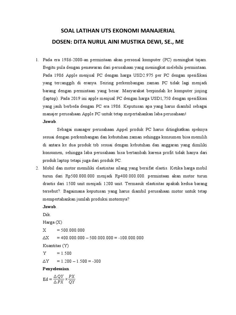 Soal Latihan Uts Ekonomi Manajerial | PDF | Bisnis | Hukum