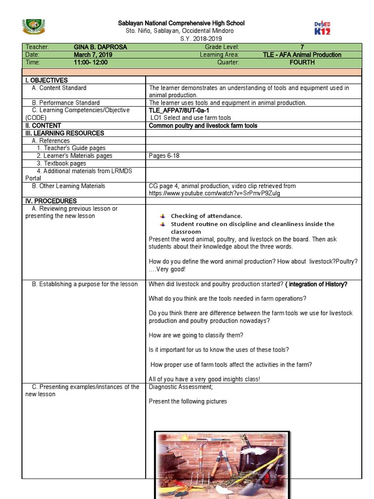Detailed Lesson Plan In Common Poultry A Pdf Tools Learning